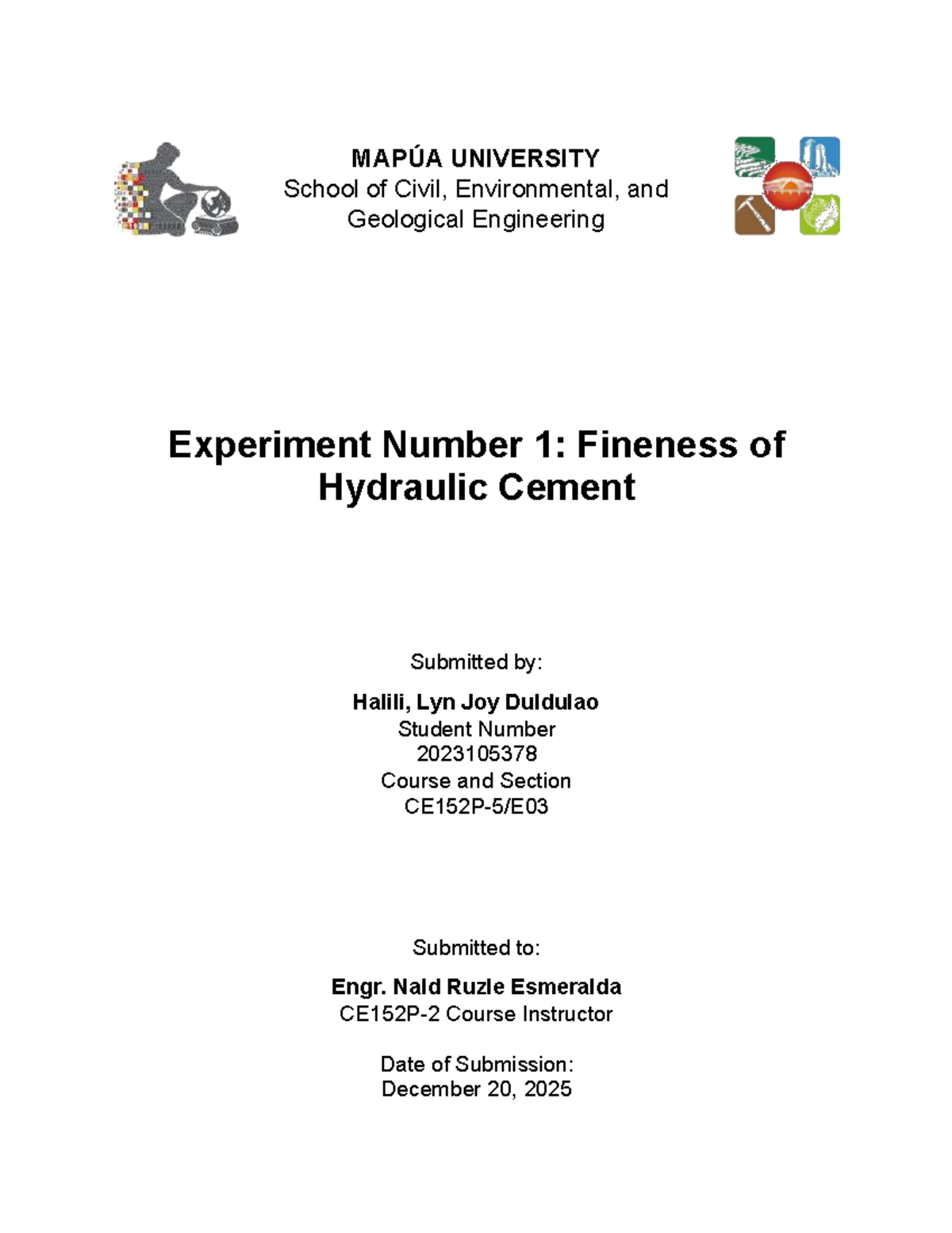 E152P-2 E03 Final Experiment Report: Fineness of Hydraulic Cement - Studocu
