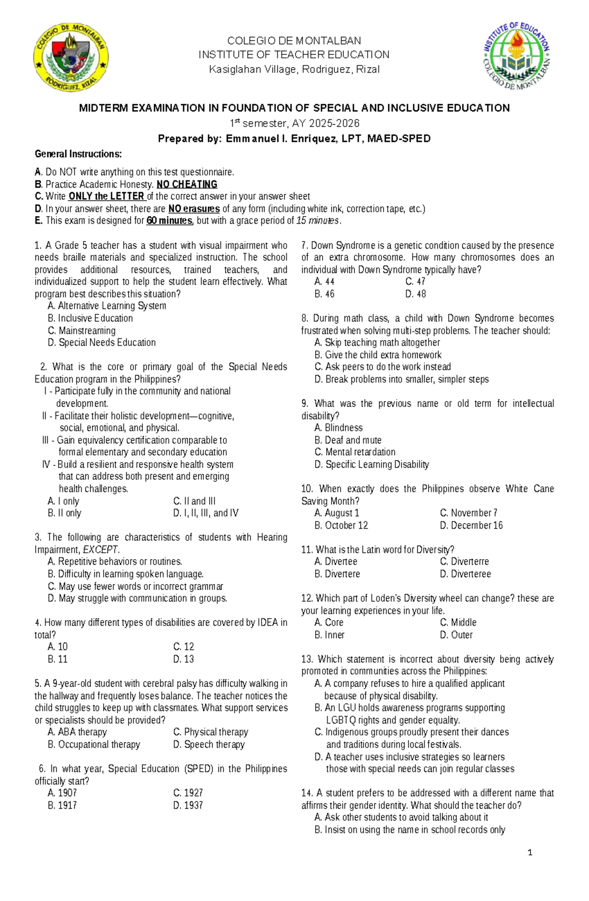 PRF SPED - Midterm Exam in Foundation of Special & Inclusive Ed. - Studocu