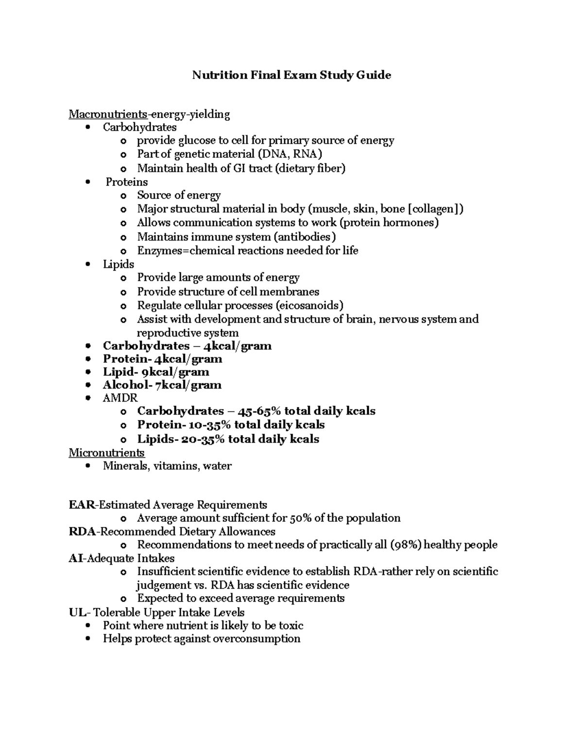 Nutrition Final Exam Study Guide - Nutrition Final Exam Study Guide ...