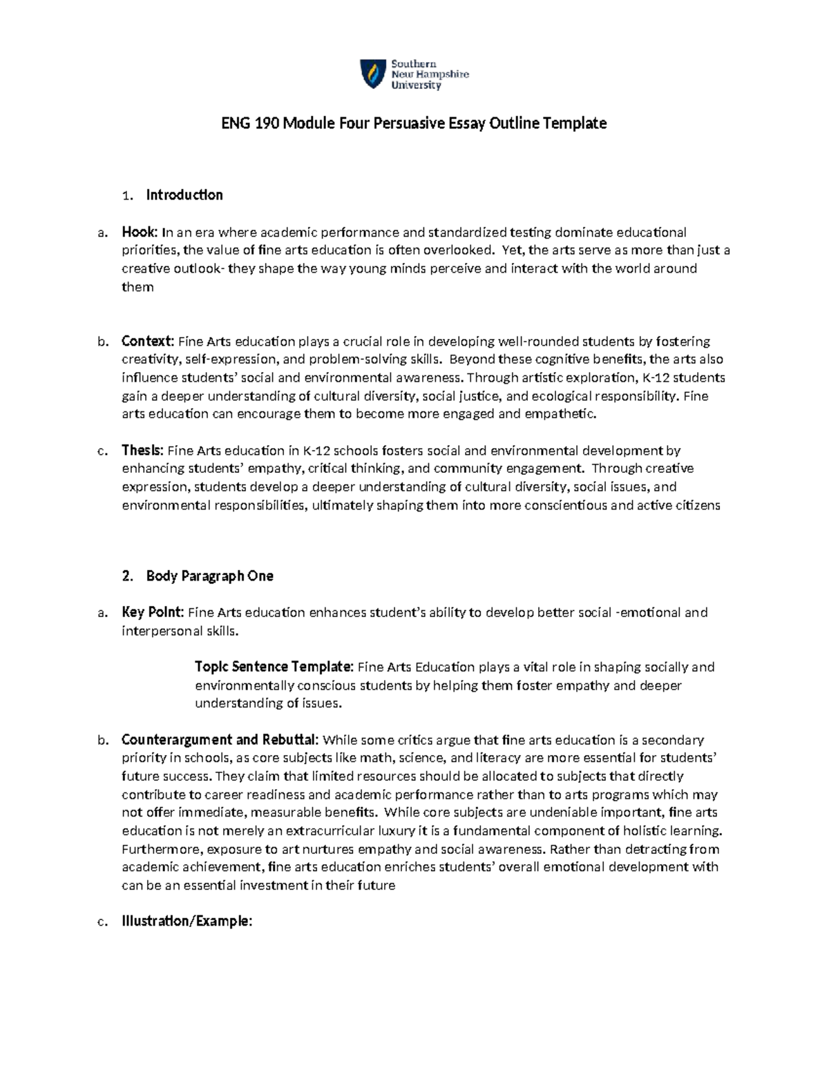 ENG 190 Module 4 Persuasive Essay Outline on Fine Arts Education - Studocu