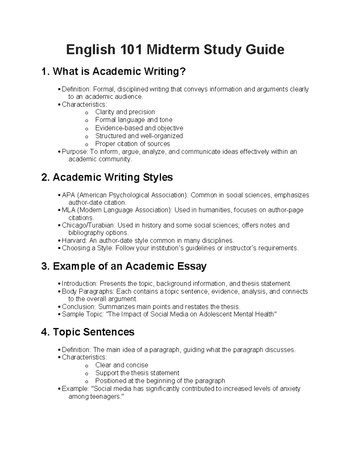 English 101 Midterm Study Guide: Key Concepts in Academic Writing - Studocu