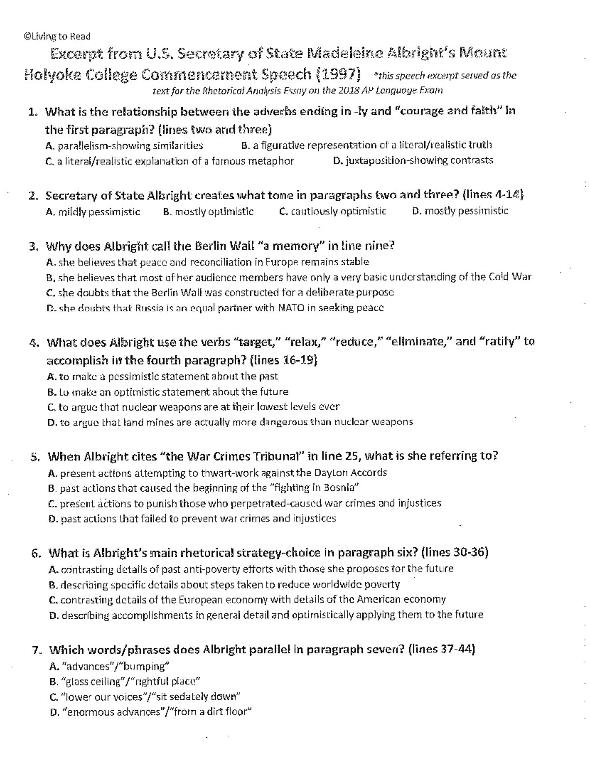 AP Lang Rhetorical Analysis MC Practice Questions from Commencement ...