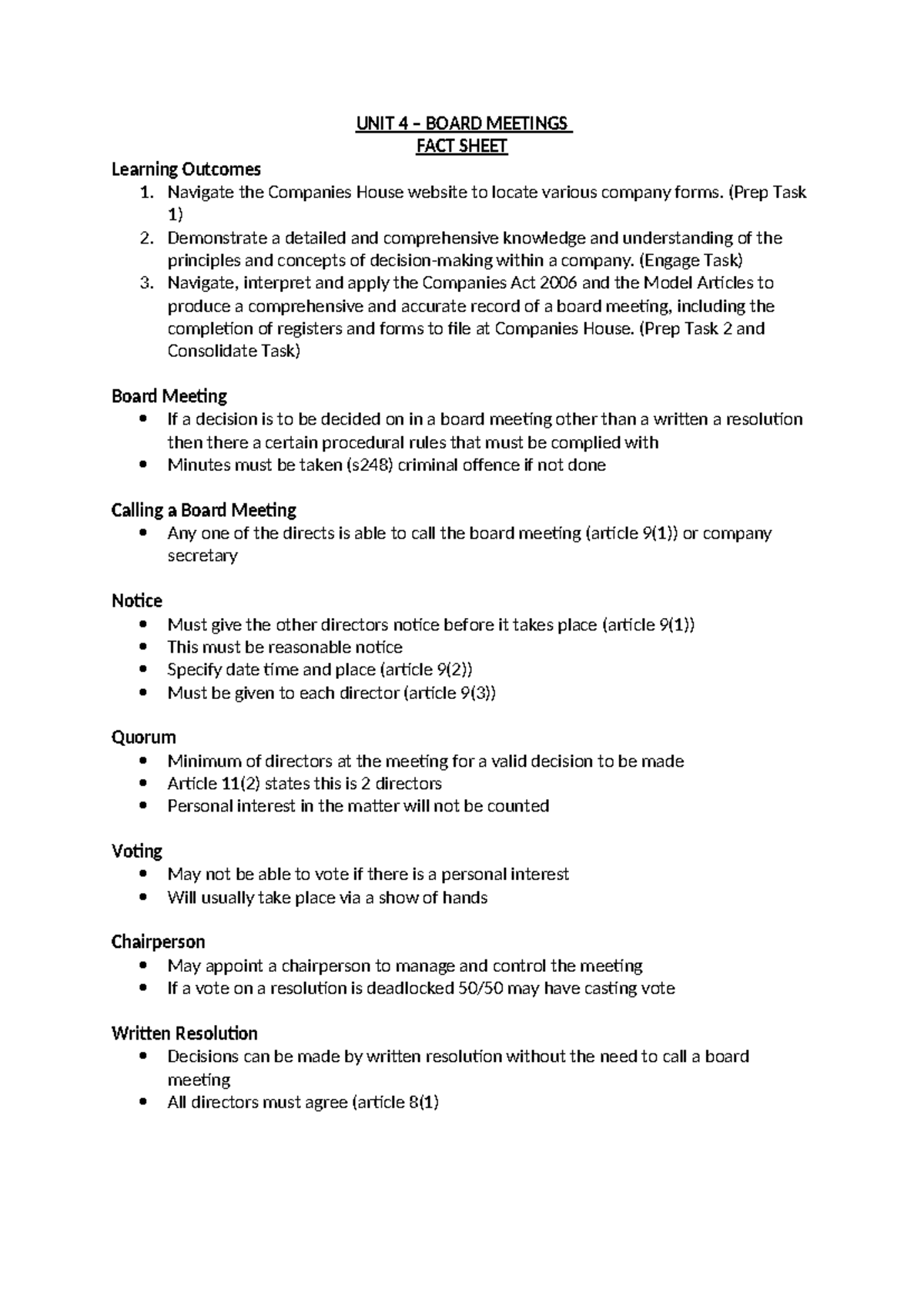 UNIT 4 Board Meetings Fact Sheet: Key Principles & Procedures - Studocu