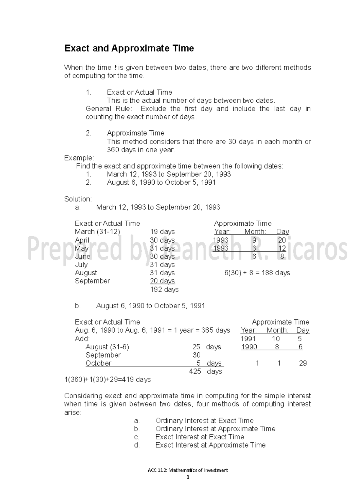 ACC 112: Actual vs Approximate Time Calculation Methods - Studocu