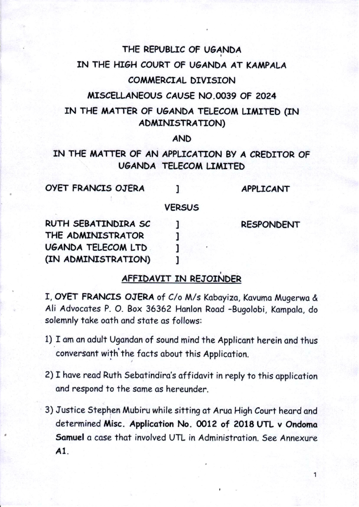 Affidavit in Rejoinder: Oyet Francis Ojera vs. Ruth Sebatindira SC 2024 ...