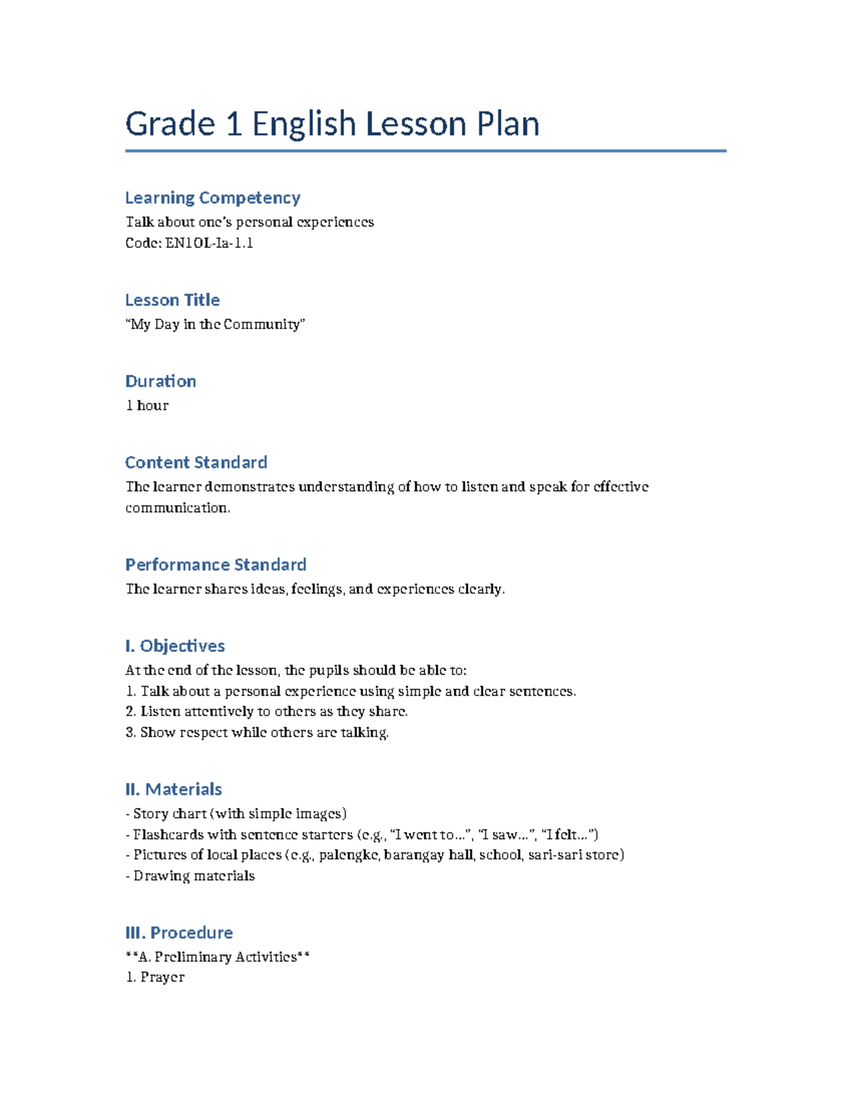 Grade 1 EN1OL-Ia-1 Lesson Plan: Sharing Personal Experiences - Studocu