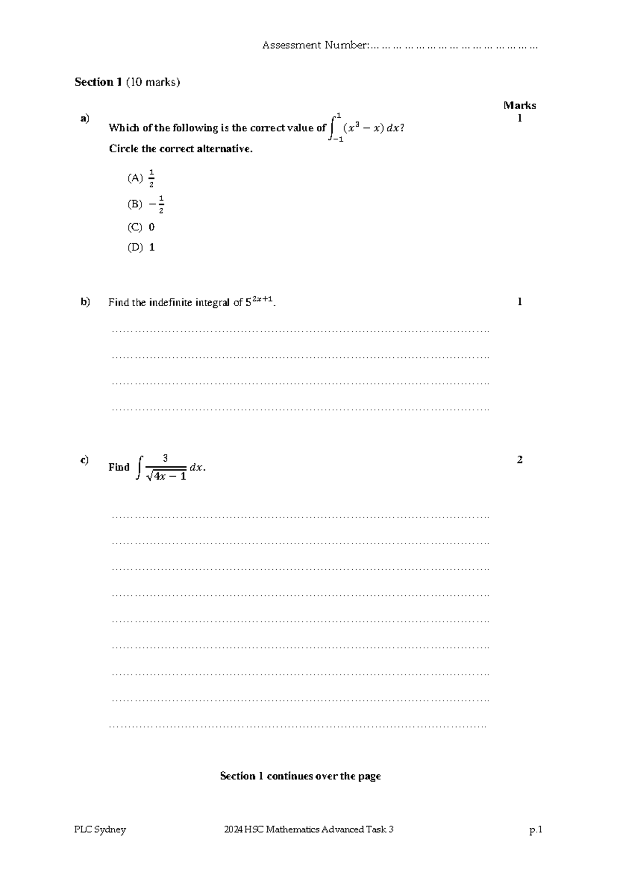 2024 HSC Mathematics Advanced Task 3 Assessment Sections 1-3 - Studocu
