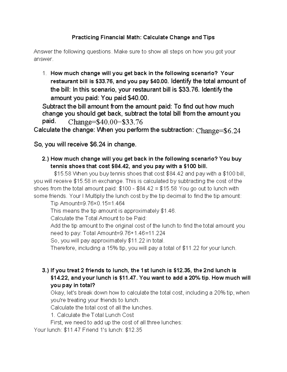 Financial Math Practice: Change & Tips Calculations - Studocu