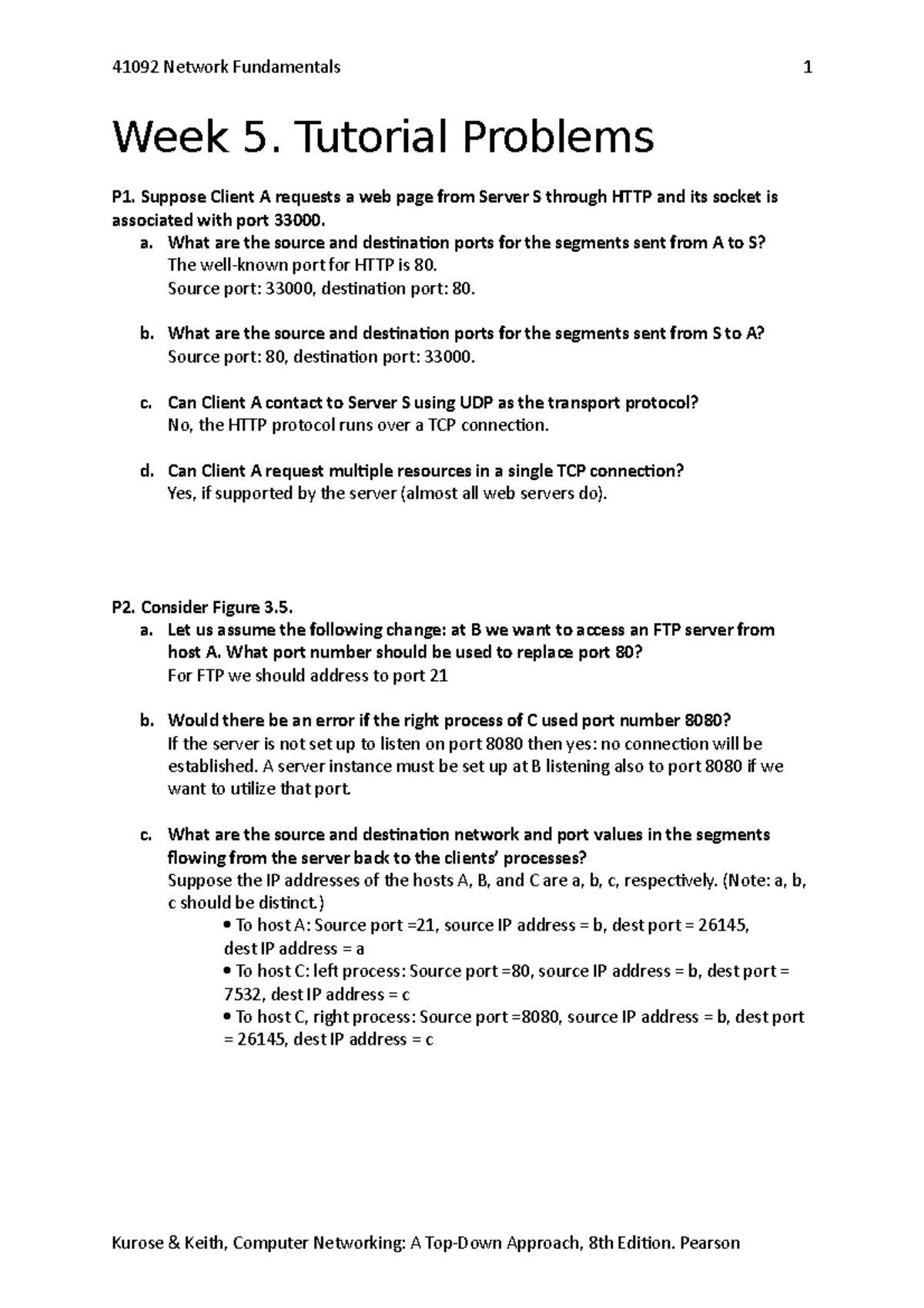 Week 5 Tutorial Problems 41092 Network Fundamentals Week 5 Tutorial Problems P1 Suppose