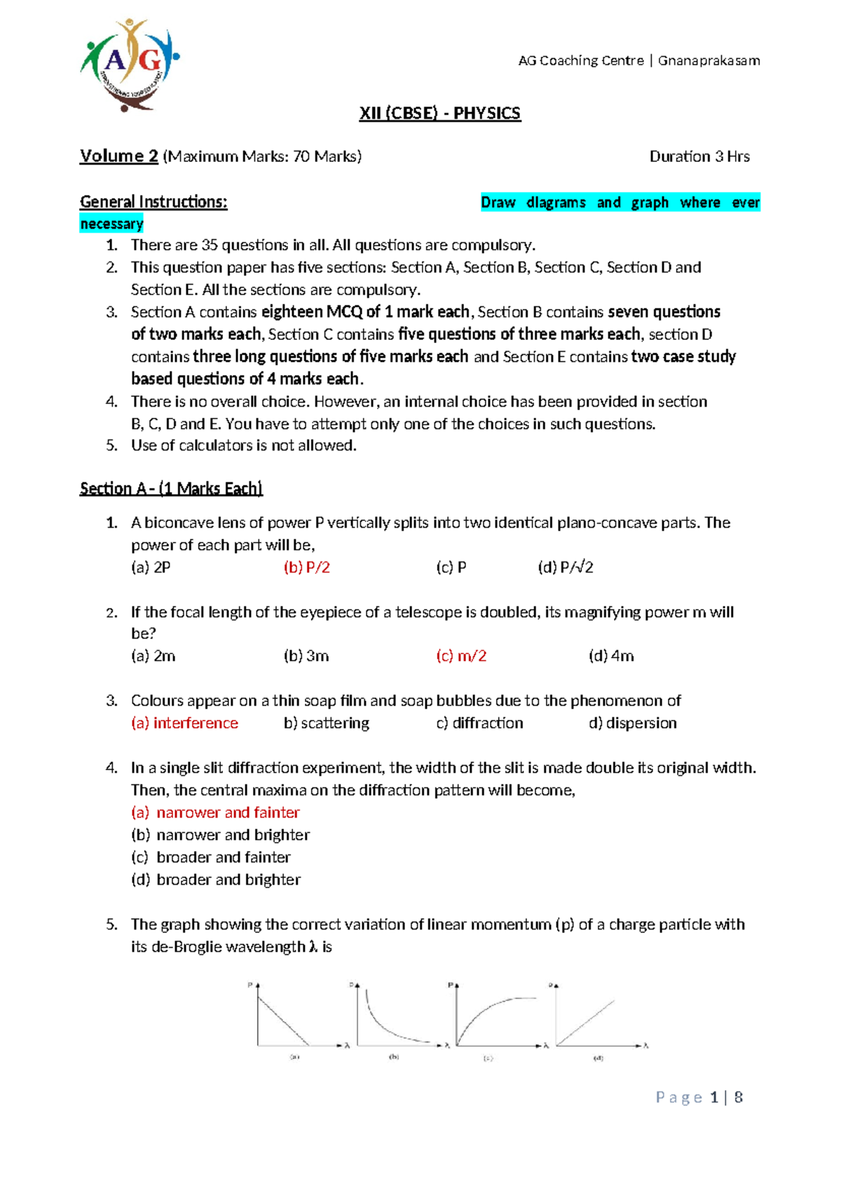 Physics Volume 2 (CBSE) XII - 2024-2025 Question Paper (Max Marks: 70 ...