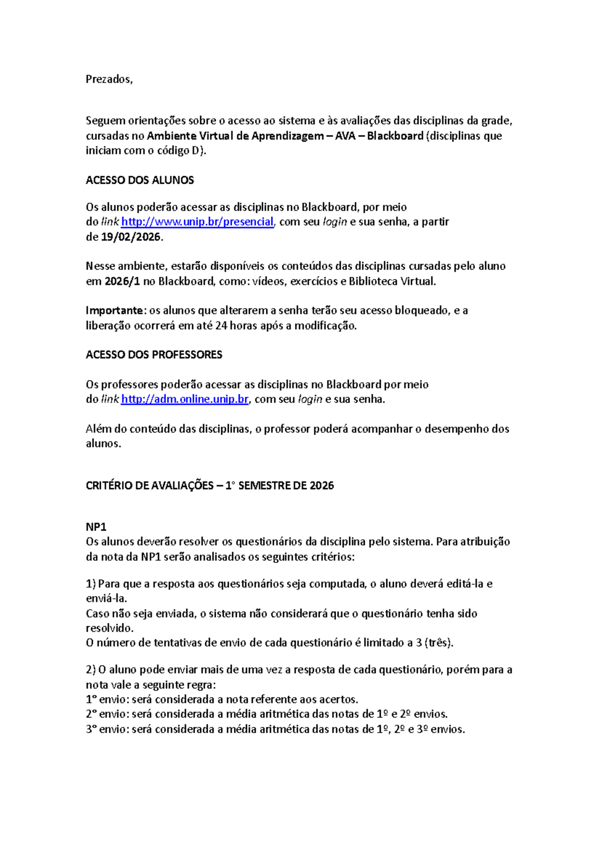 Orientações sobre Acesso e Avaliações no AVA Blackboard - UNIP 2026-1 ...