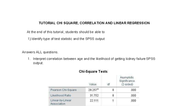 Tutorial V: Chi-Square, Correlation & Linear Regression Analysis - Studocu