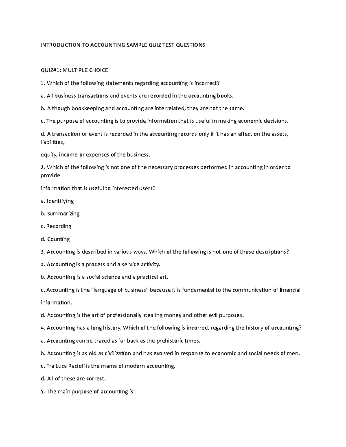 Introduction to Accounting Sample Quiz Test Questions (ACC 101) - Studocu
