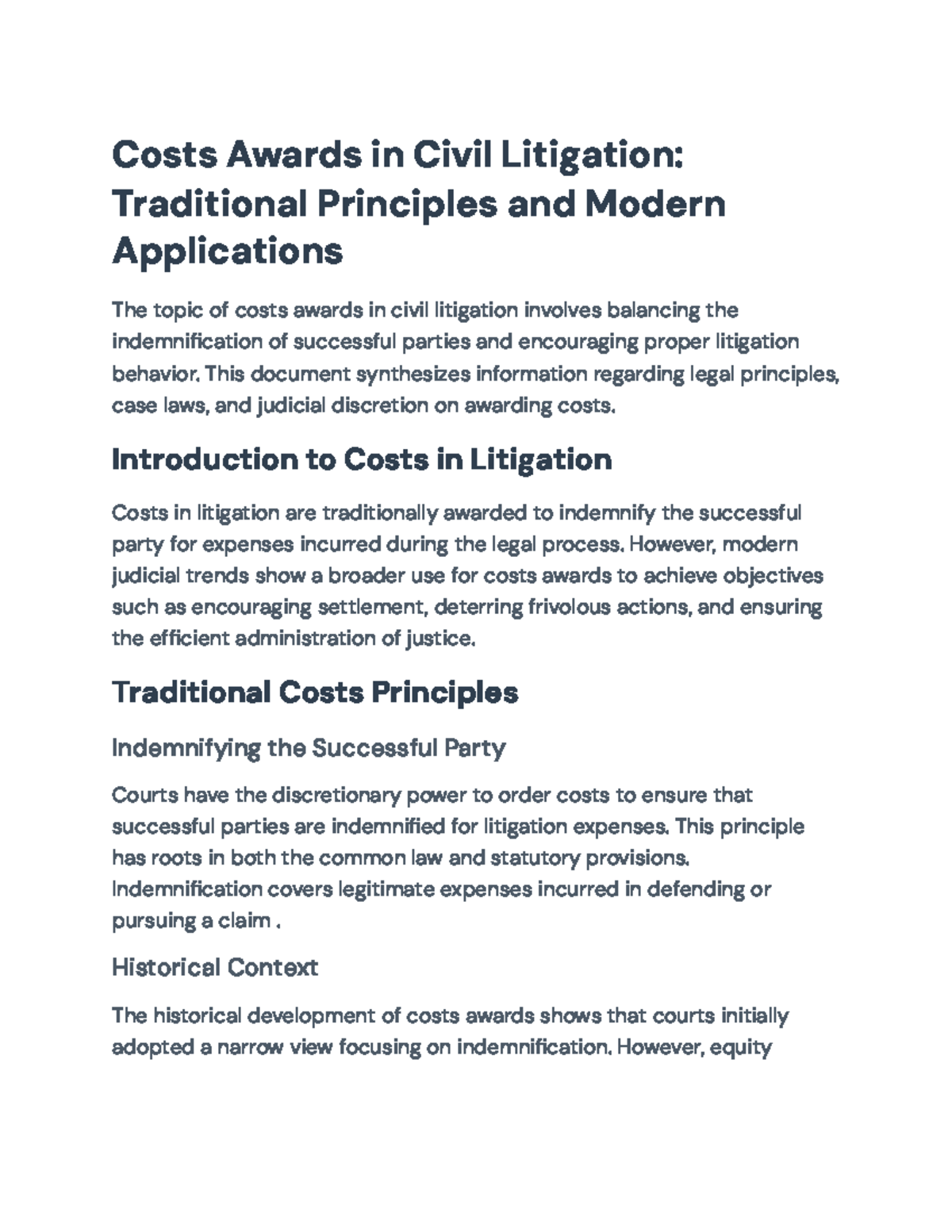 Costs Awards in Civil Litigation: Traditional Principles & Modern ...