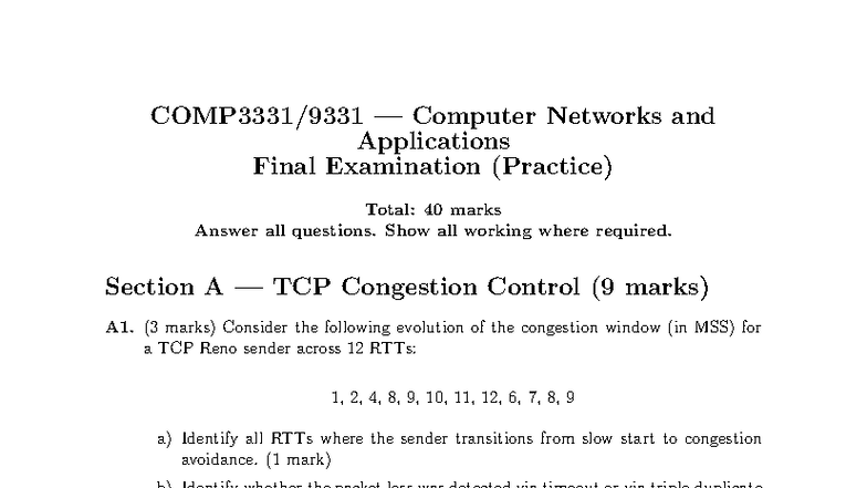 Computer Networks and Applications CSE 301 Final Exam Practice - Studocu
