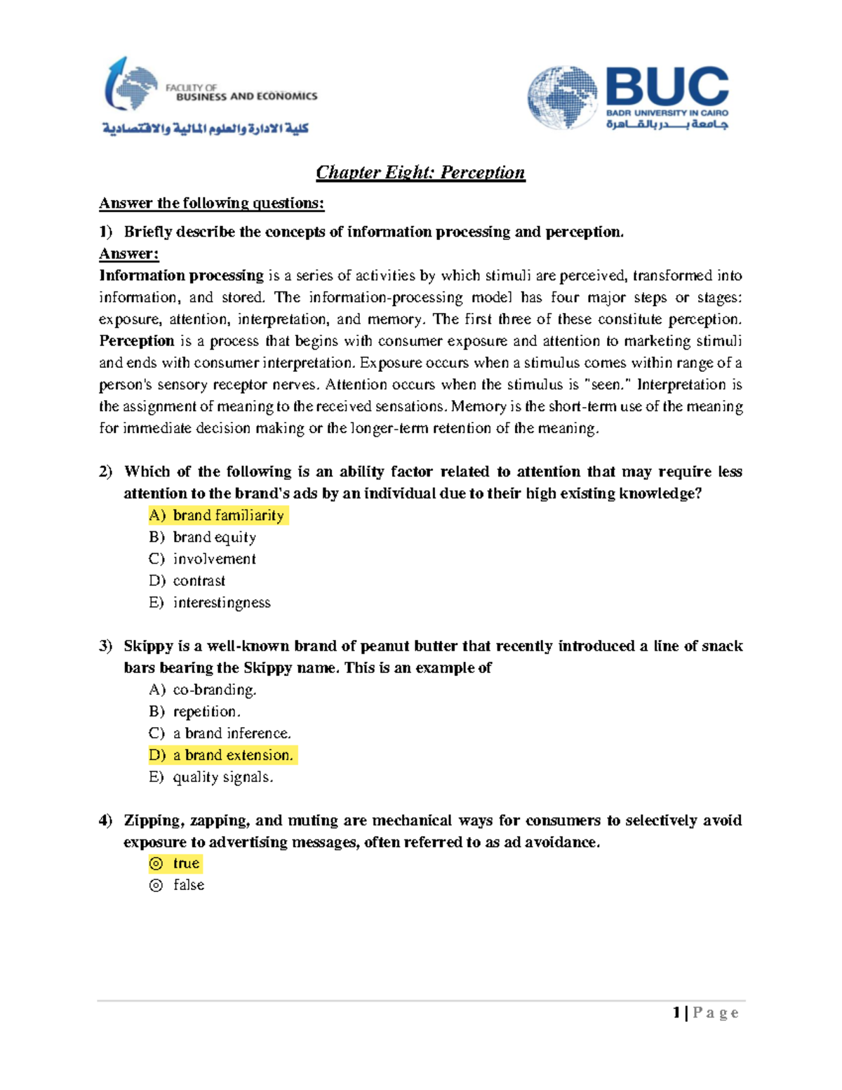 Consumer Behavior Ch 8 Q Ans Chapter Eight Perception Answer The