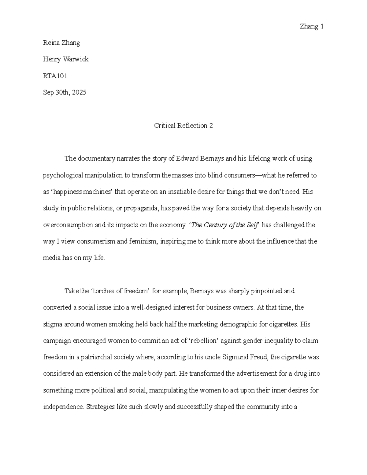 RTA101 Critical Reflection 2: The Impact of Bernays on Consumerism ...