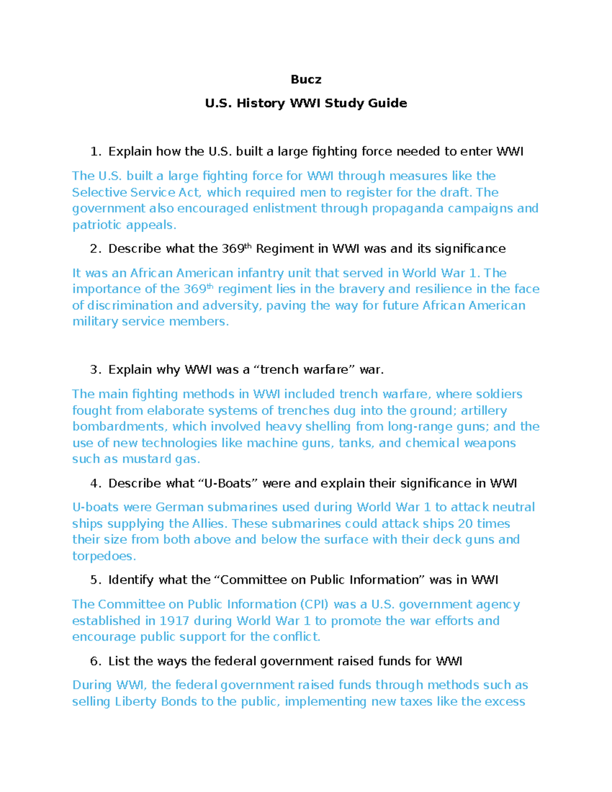 U. History WWI Study Guide: Key Concepts and Important Events - Studocu