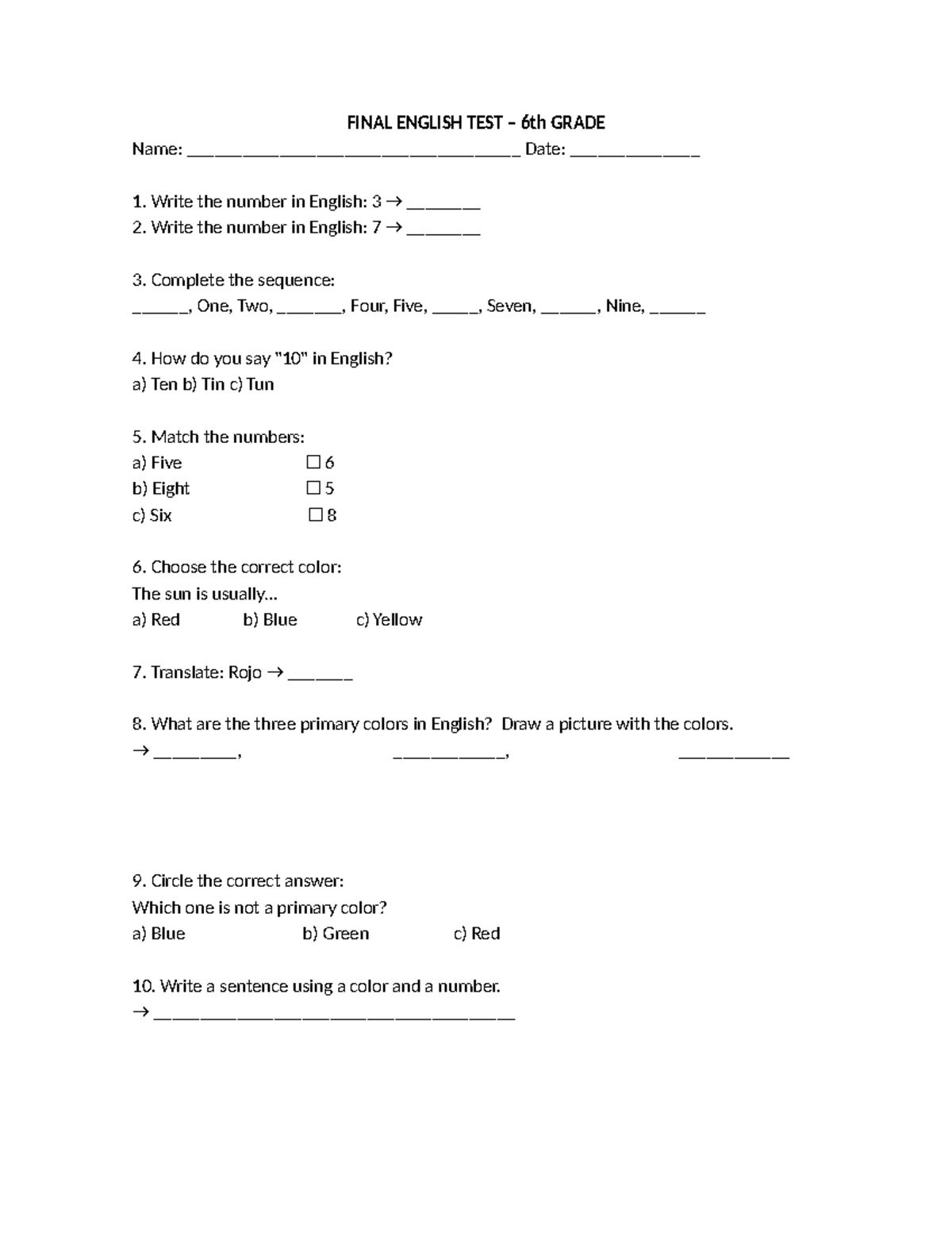 FINAL ENGLISH TEST 6TH GRADE 2025 - Studocu