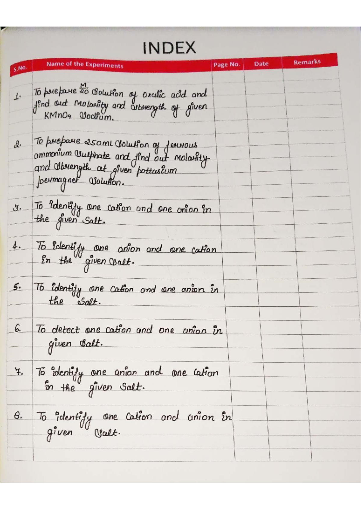 Chemistry Lab Manual Class 12: Experiment Index and Observations - Studocu