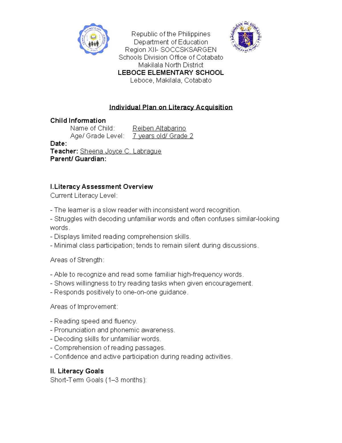Individual Literacy Development Plan for Grade 2 - Reiben Altabarino ...