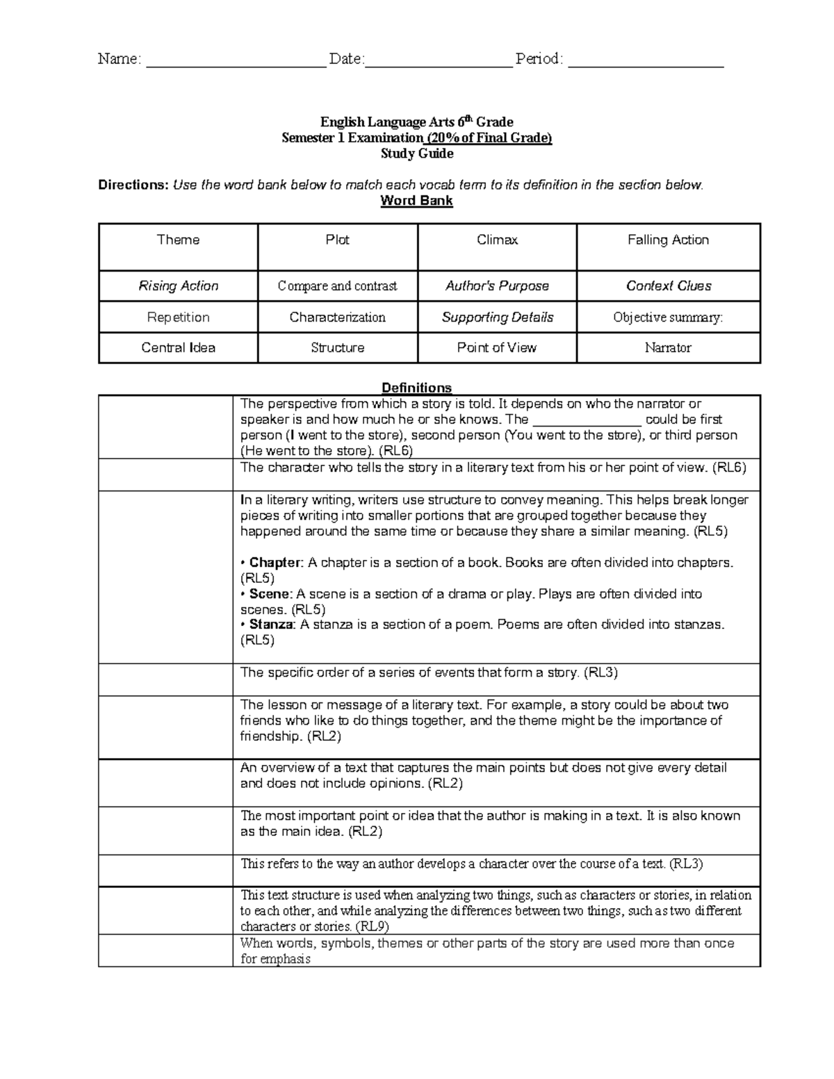 6th Grade ELA Study Guide - English Language Arts 6 th Grade Semester 1 ...