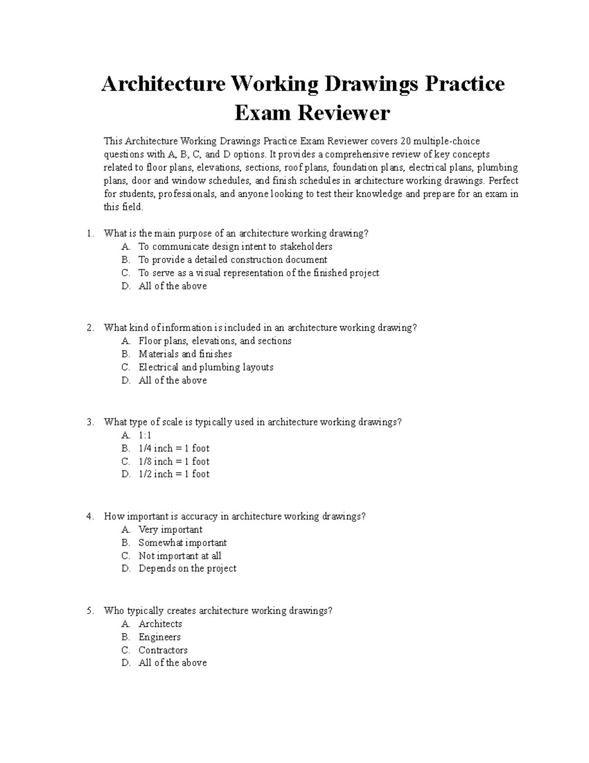 Architecture Working Drawings Practice Exam Review (MCQs) - Studocu