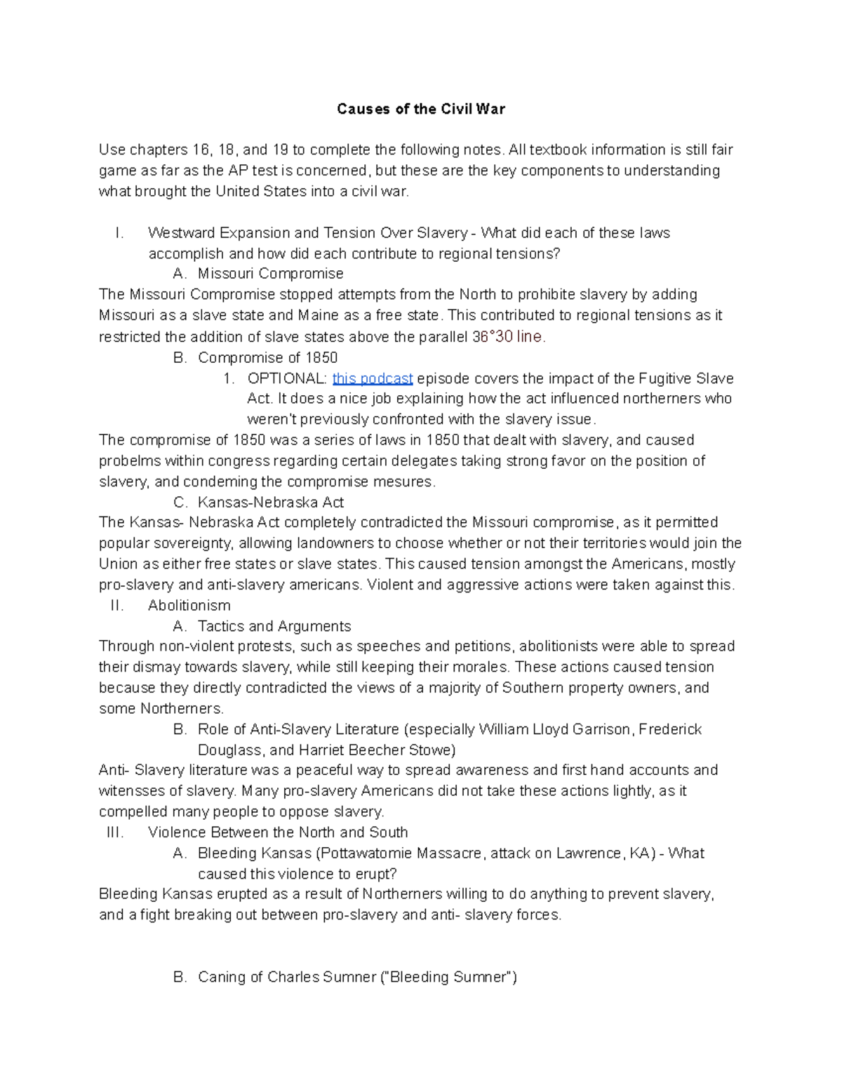 Causes of the Civil War Notes - Causes of the Civil War Use chapters 16 ...