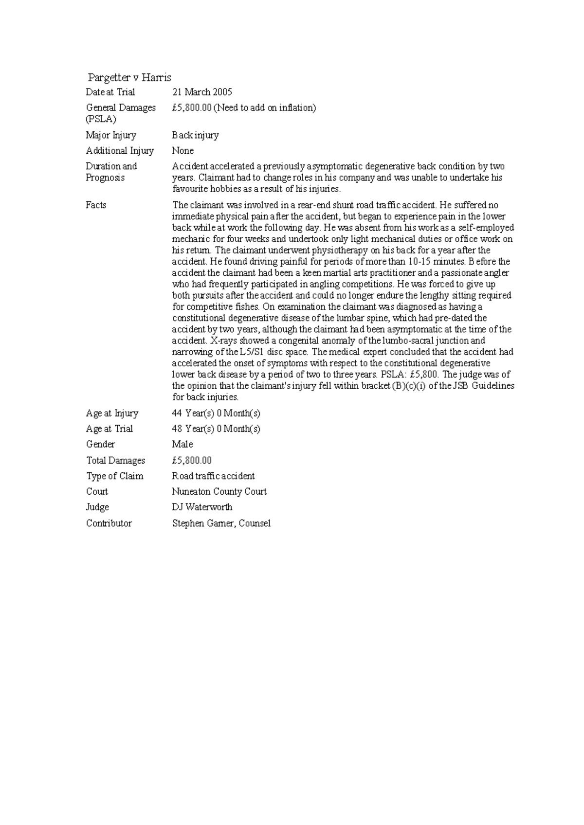 Pargetter v Harris & Others: Quantum Case Summaries (PSLA) - Studocu