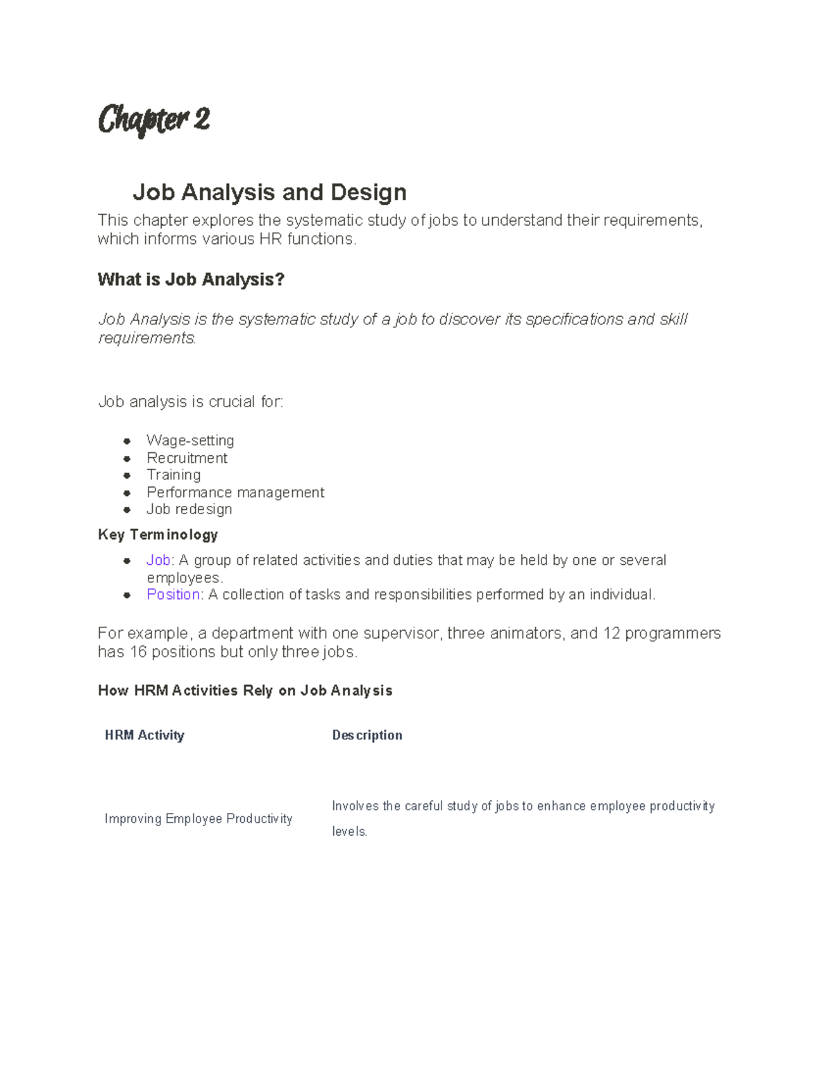 HR Notes: Chapter 2 - Job Analysis and Design Overview - Studocu