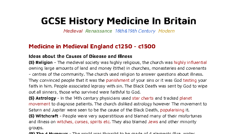 GCSE History Medicine in Britain c1250-Present: Causes of Disease and ...