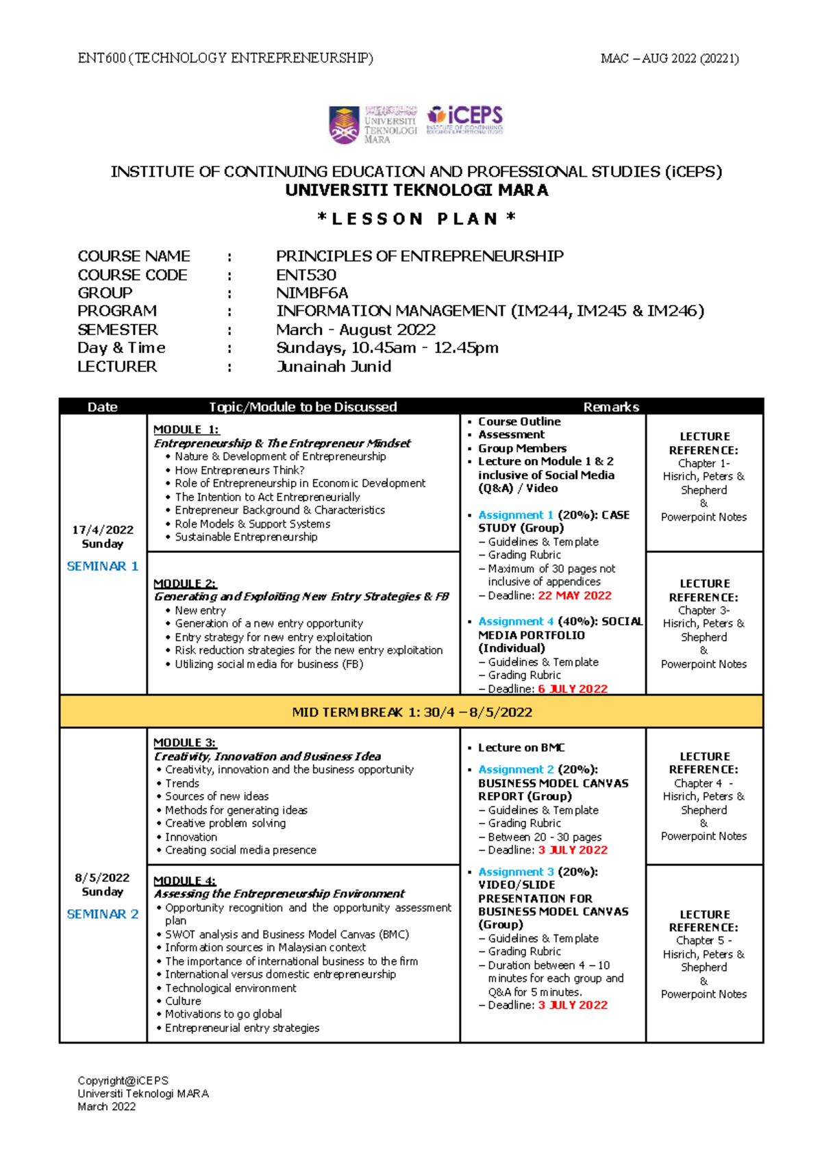 ENT530 Principles of Entrepreneurship - Comprehensive Lesson Plan - Studocu