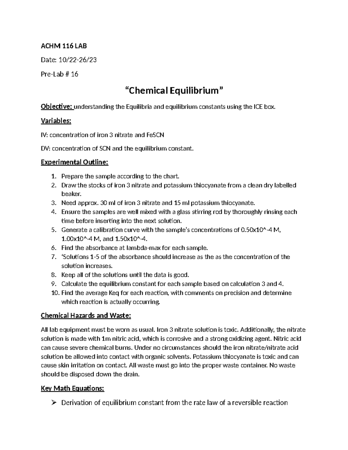 Lab #16 - Lab - ACHM 116 LAB Date: 10/22-26/ Pre-Lab # 16 “Chemical Equilibrium” Objective ...