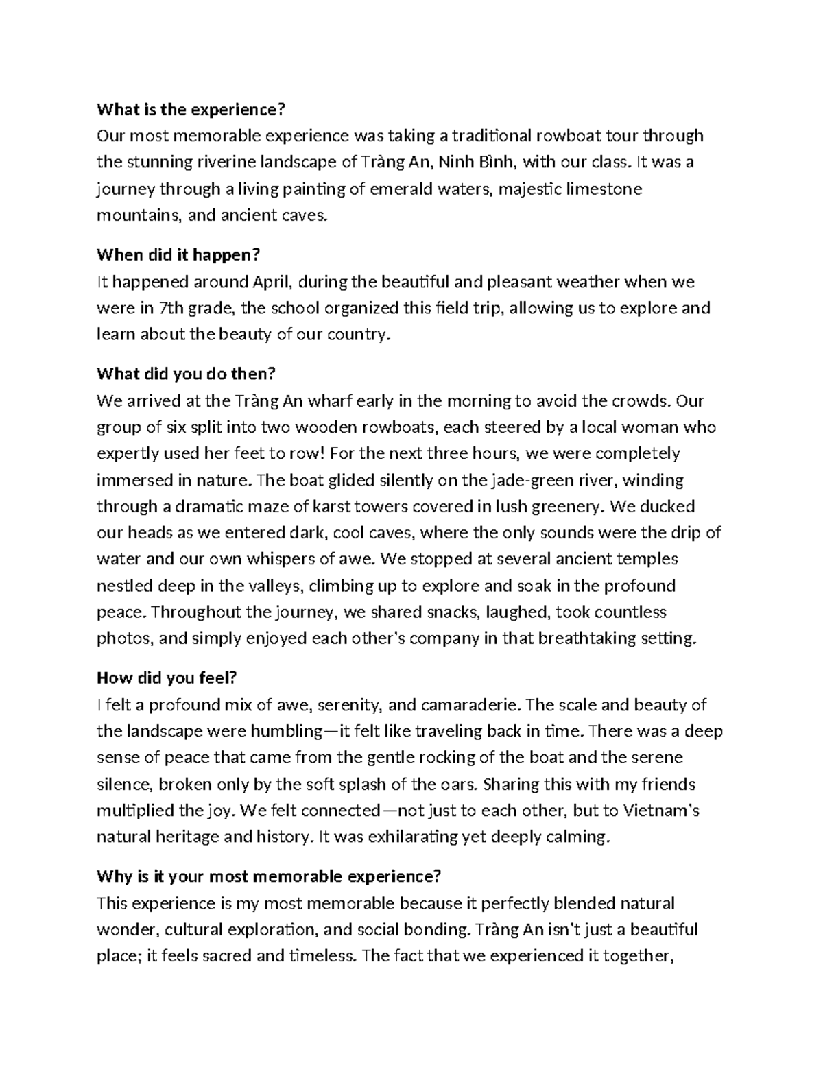 Memorable Field Trip: Rowboat Adventure in Tràng An, 7th Grade - Studocu