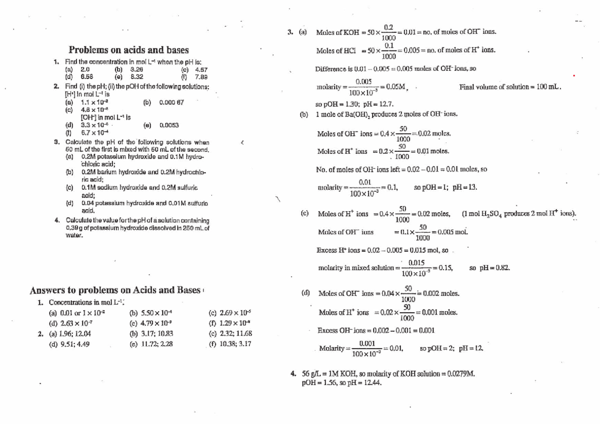 Worksheet 2 p H calculations with answers - 3. (a) Problems on acids and bases Moles Moles of of ...