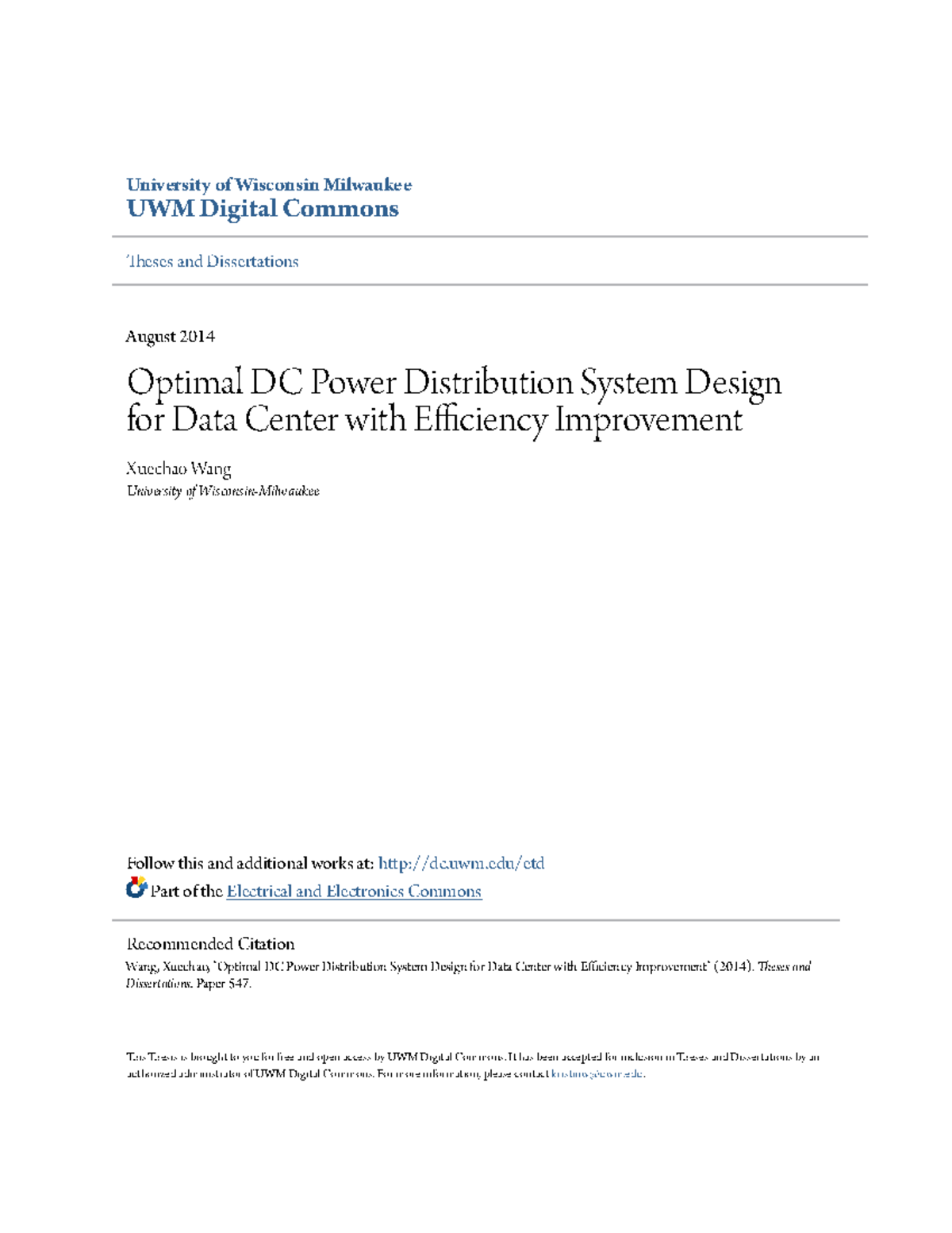 Optimal DC Power Distribution System Design for Data Centers (ENG 2014 ...