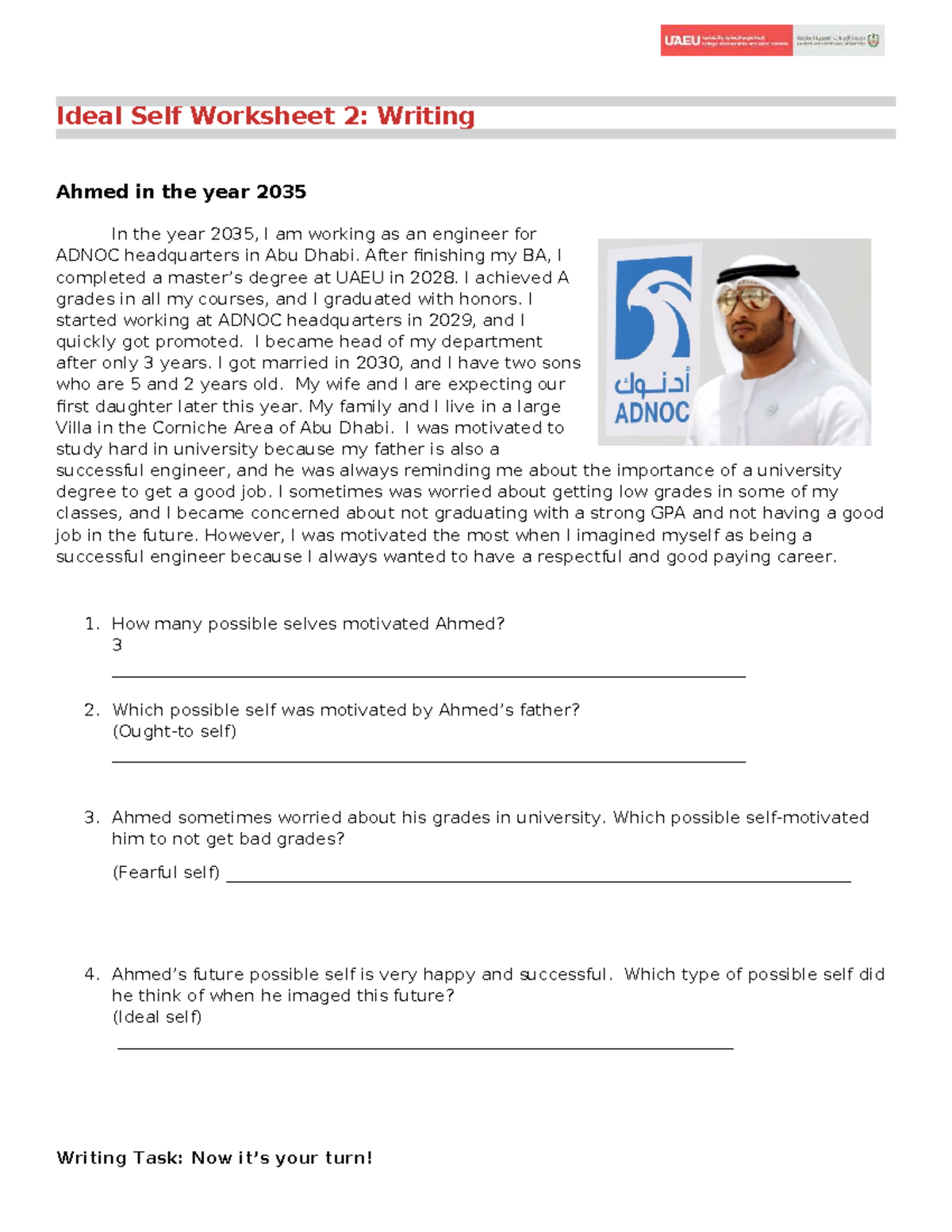 Ideal Self Worksheet 2: Ahmed's Vision for 2035 - Studocu