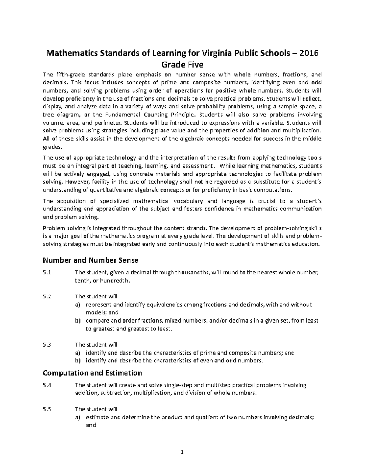 VA Math SOLs For Grade Five - Mathematics Standards of Learning for ...