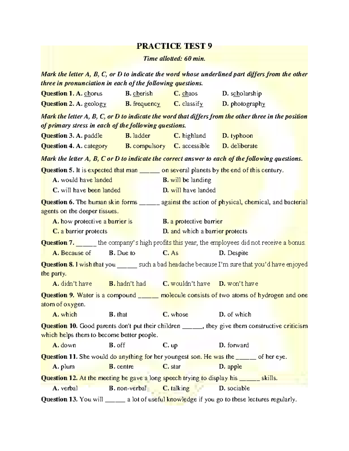 PRACTICE TEST 9: Pronunciation and Stress Questions - Studocu
