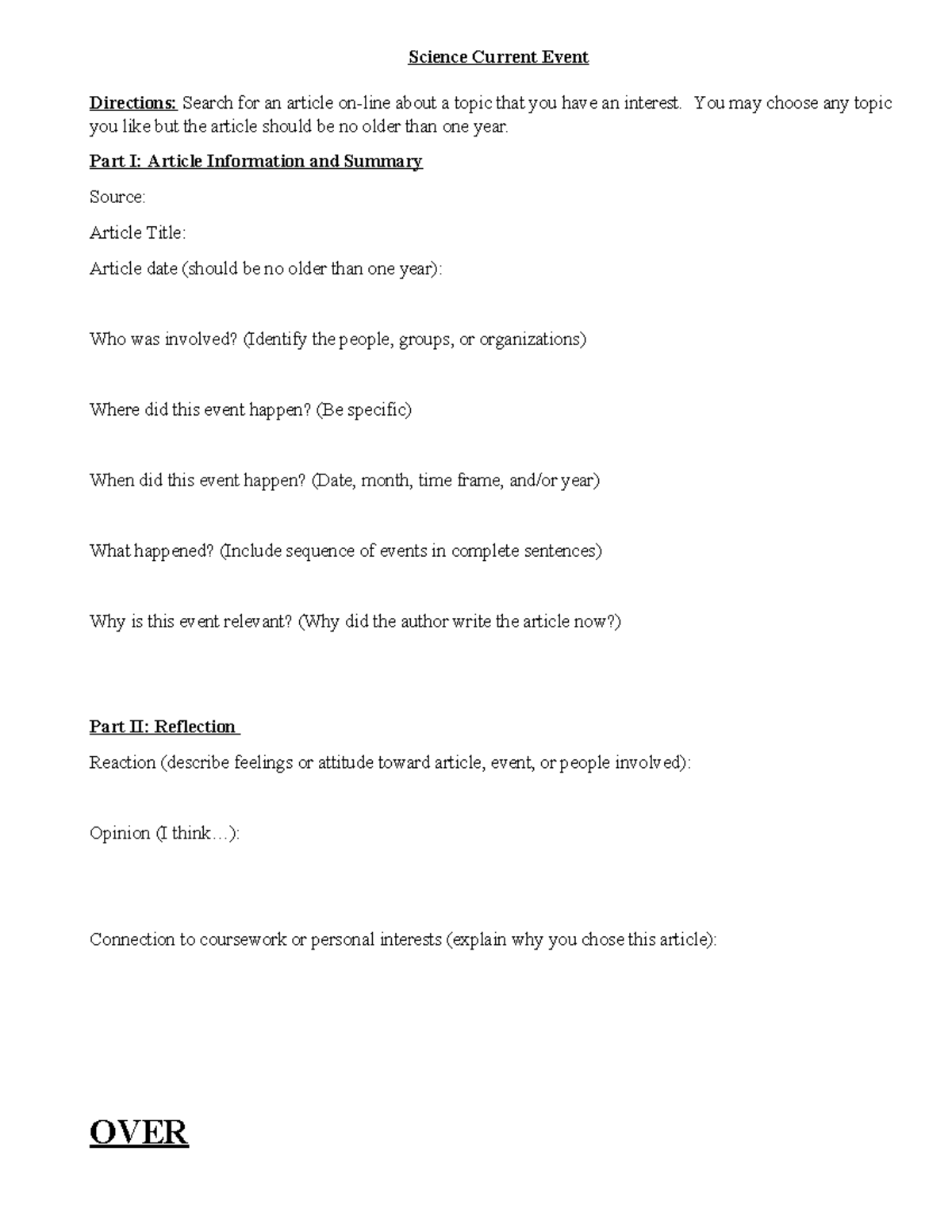 Science Current Event Report: Article Summary & Reflection - Studocu