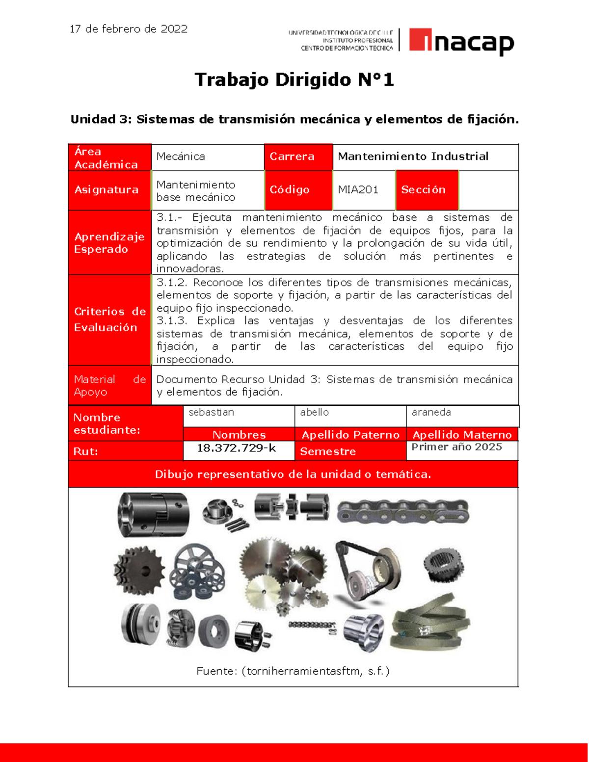 MFA201 Trabajo Dirigido Unidad 3: Transmisiones Mecánicas y Fijación ...