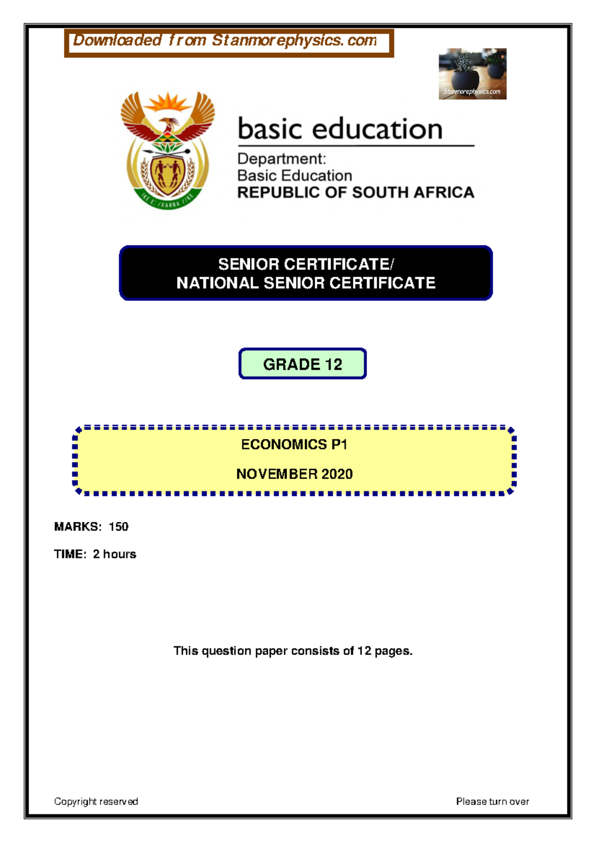 Economics Grade 12 Nov 2020 Final Exam Paper and Memo - Studocu
