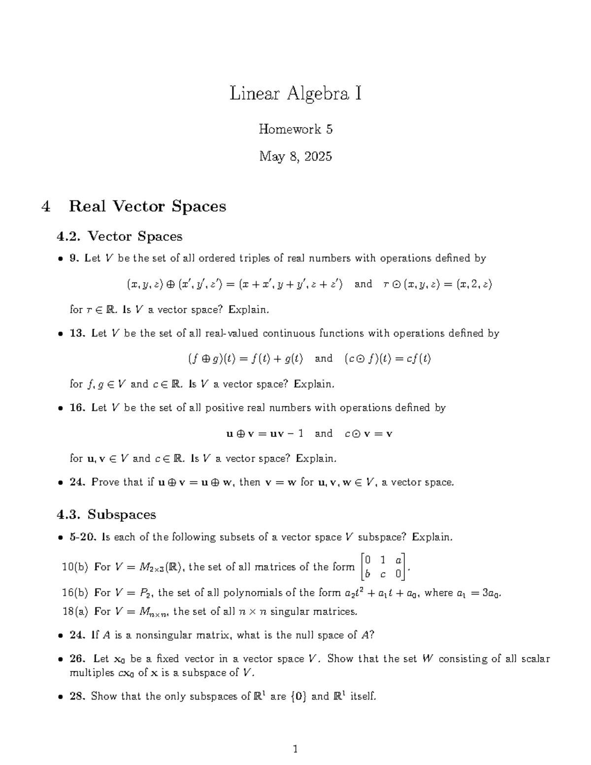 Linear Algebra I HW5: Real Vector Spaces & Subspaces Analysis - Studocu