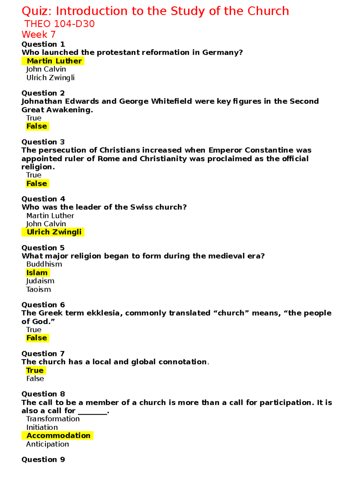 Quiz: Introduction to the Study of the Church - THEO 104-D Week 7 Test ...