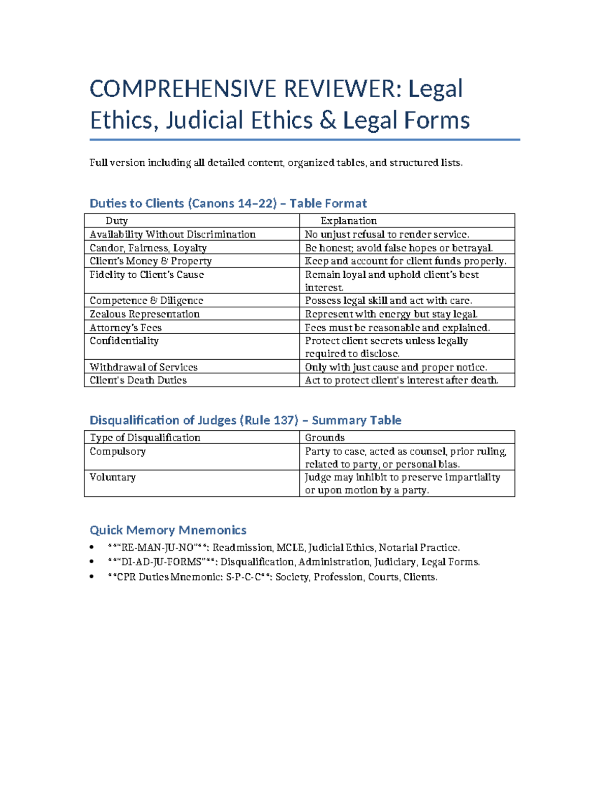 Legal Ethics Reviewer 2025: Comprehensive Guide with Tables - Studocu