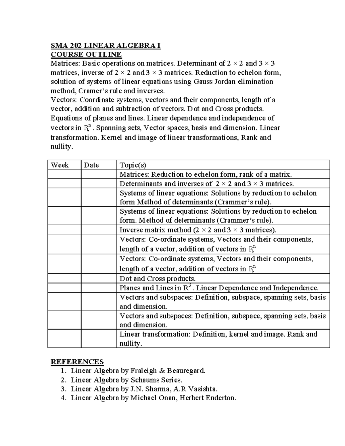 SMA 202 Linear Algebra I: Detailed Course Outline and Topics - Studocu