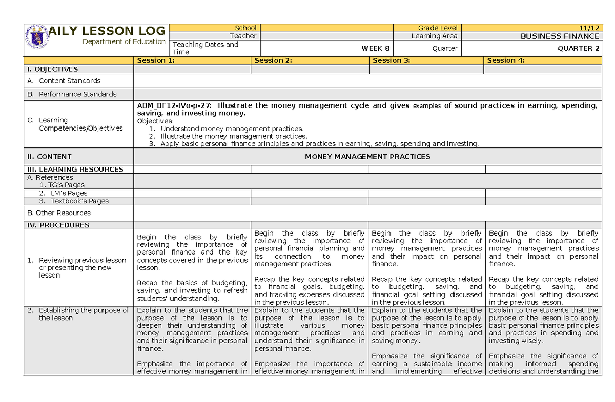 Business Finance Q2 Week 8 Daily Lesson Log on Money Management - Studocu
