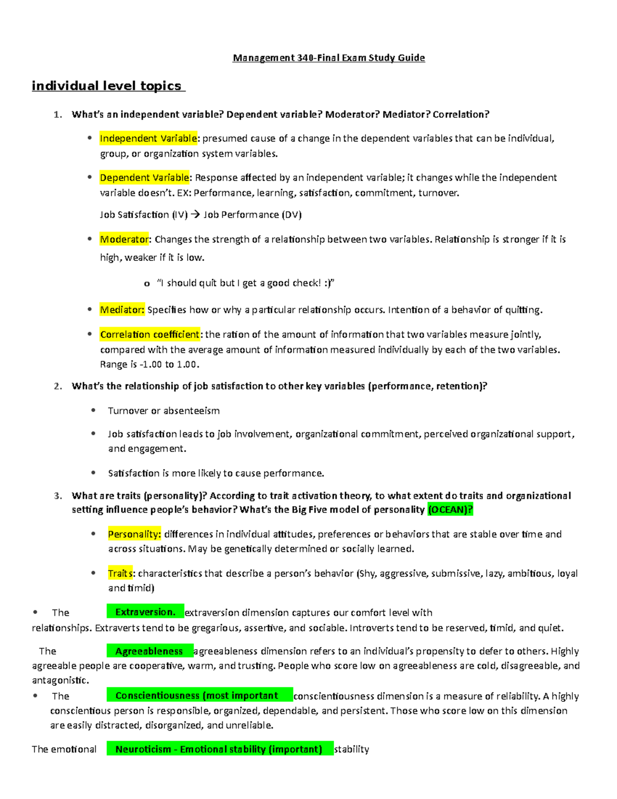 MGMT 340 Final Exam Comprehensive Study Guide - Studocu