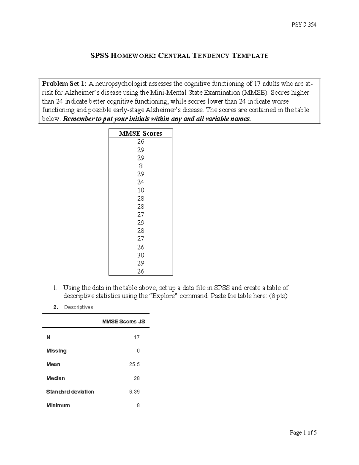 Central Tendency & Descriptive Stats - PSYC354 Homework Guide - Studocu
