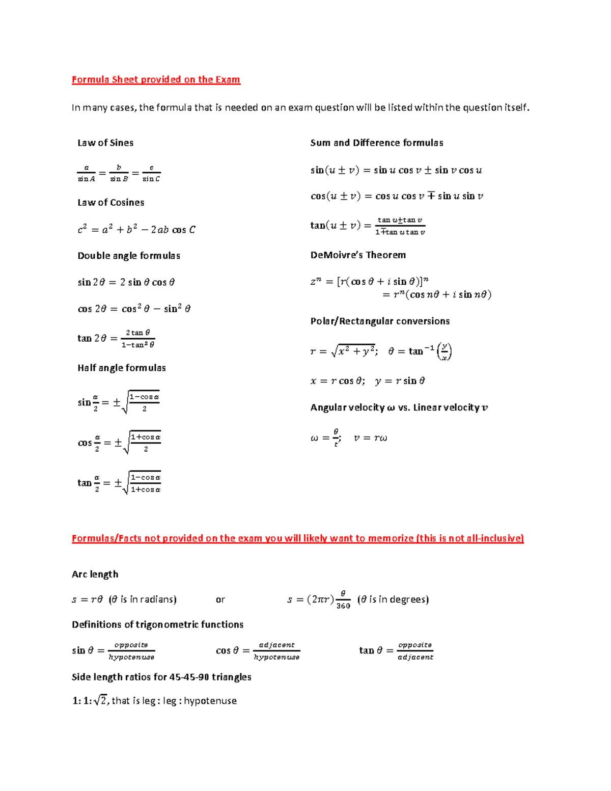Formulas provided and not provided on the exam - Formula Sheet provided ...